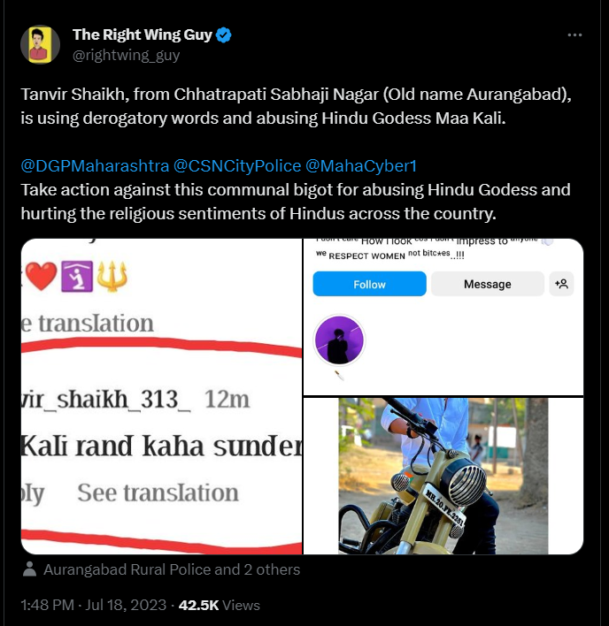 Instagram user Tanvir Sheikh Abuse Hindu gods through a social media ...